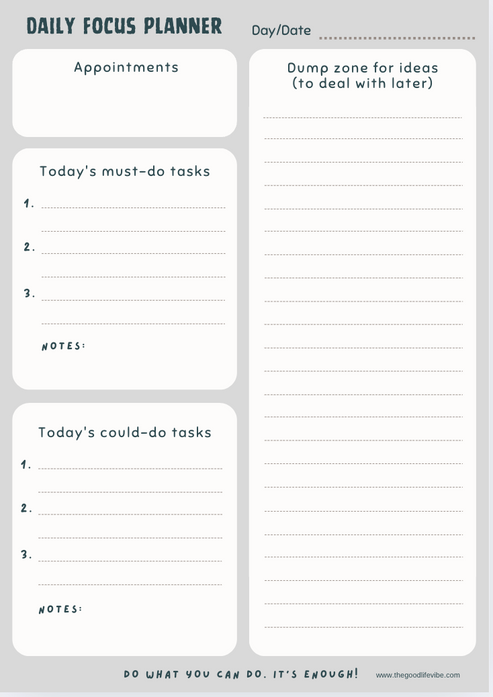 Daily Focus Planner Digital Download Sheet – The Good Life Vibe